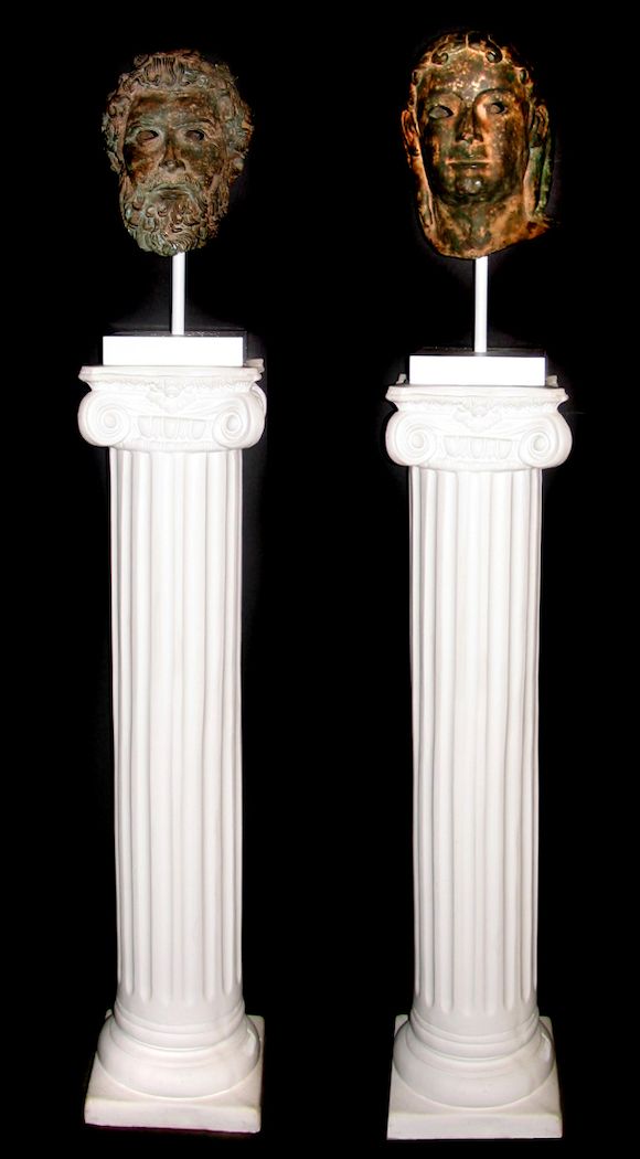 Bonhams : Two Greek Classical style bronze heads on plaster columns
