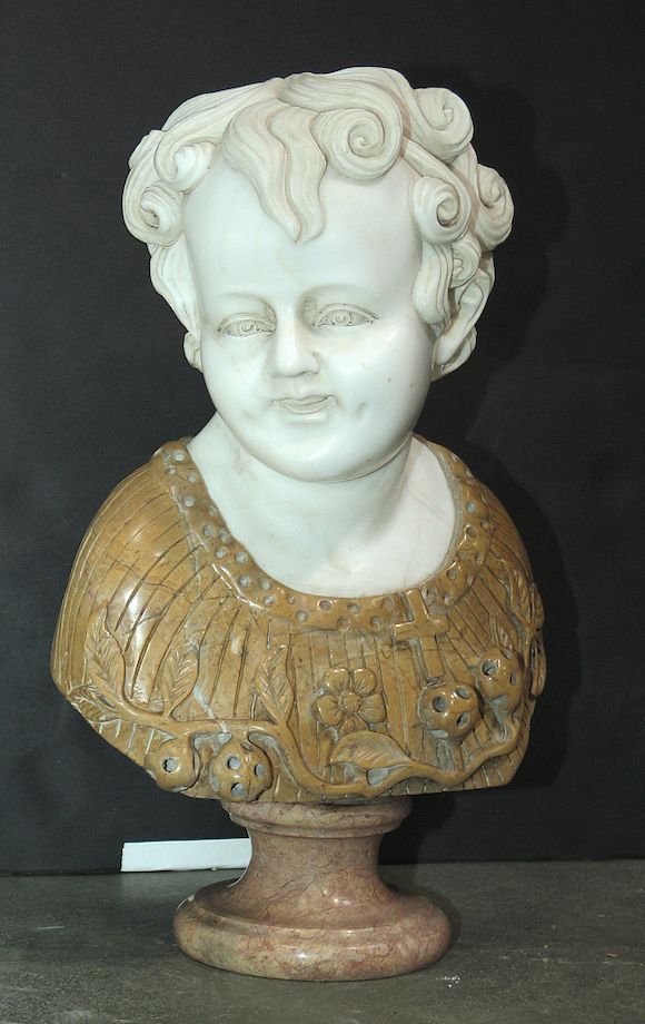 Bonhams : A mixed marble bust of a boy