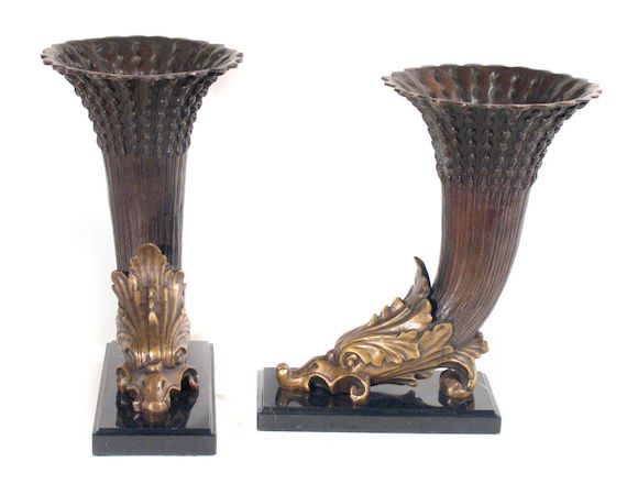 Bonhams : A pair of patinated metal cornucopia vases