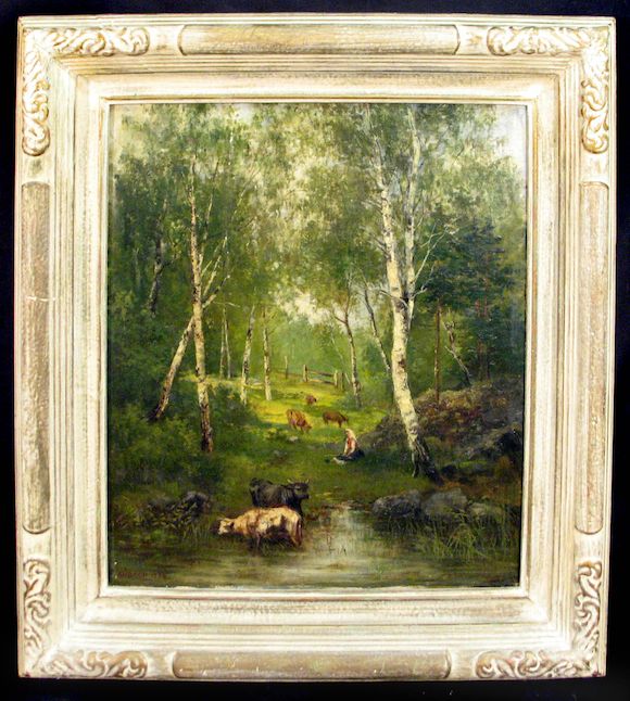 Bonhams : Hirsch (German 19th century) A peasant woman with a herd of ...