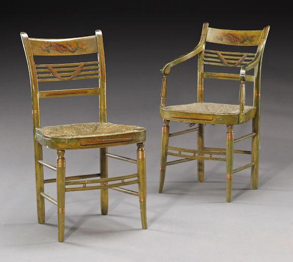 Bonhams : A set of five green painted and stencil decorated 'Fancy' chairs