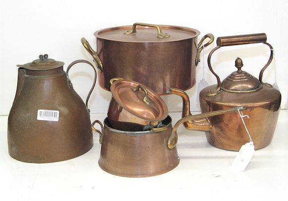 Bonhams : A group of copper and brass cookware