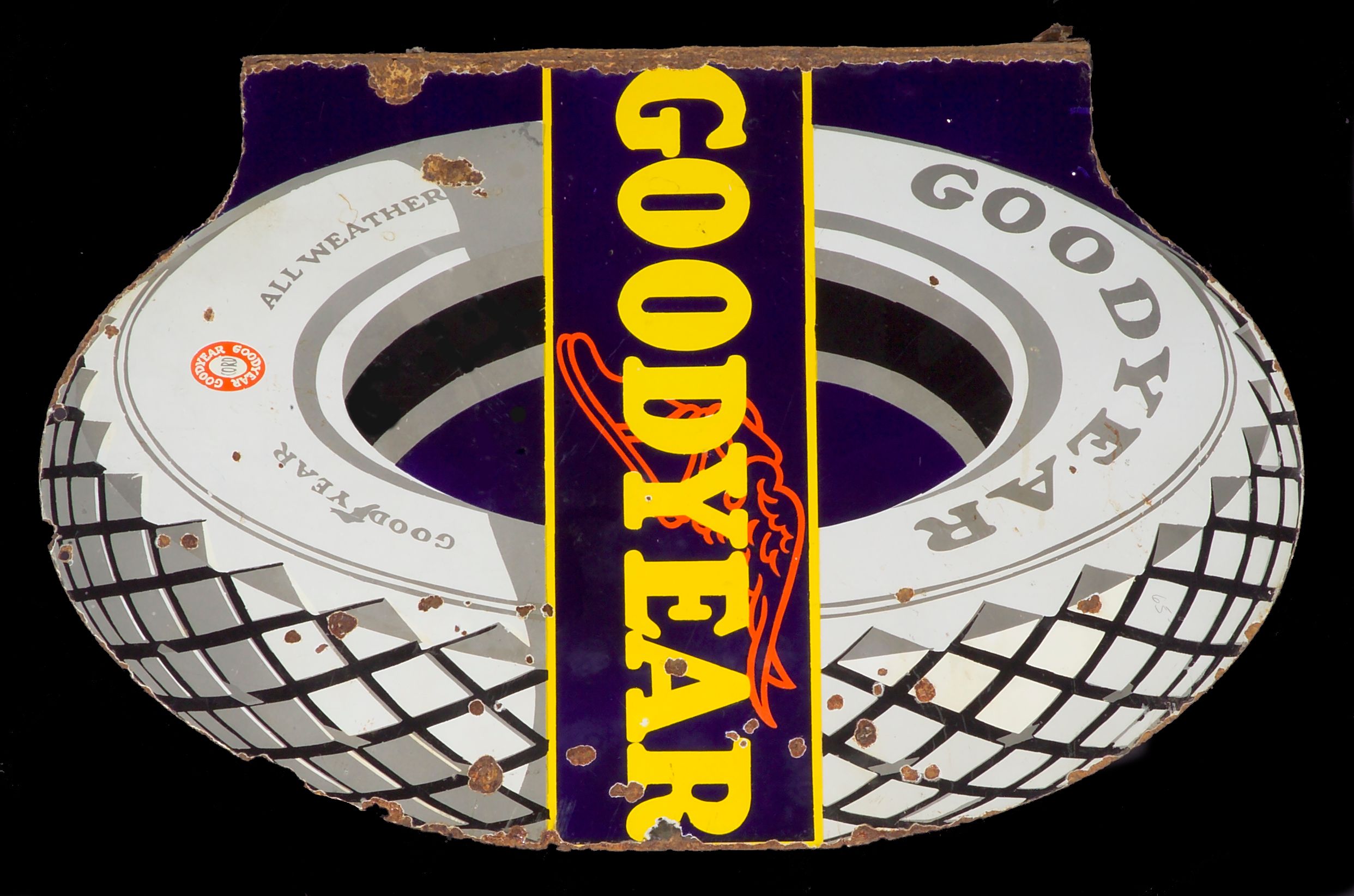 Bonhams Cars : A GoodYear All Weather tire enamel sign, 34 x 22in
