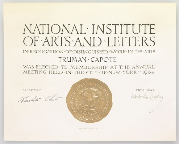 Bonhams : A citation from the National Institute of Arts and Letters