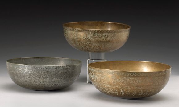 Bonhams : Three Safavid mixed metal bowls