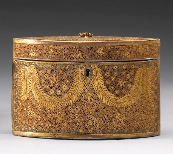 Bonhams : A George III polychrome and gilt rolled paper tea caddy