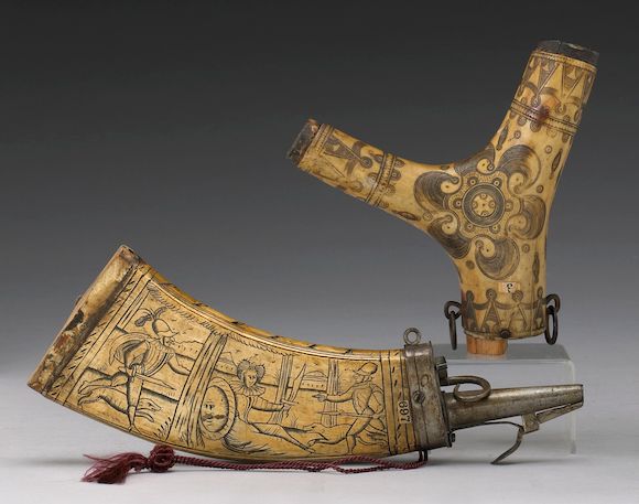 Bonhams : Two European horn powder flasks