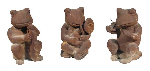 Bonhams : A group of three cast iron garden figures of frog musicians