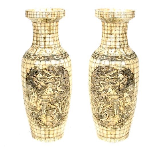 Bonhams : A pair of Chinese carved bone veneer vases