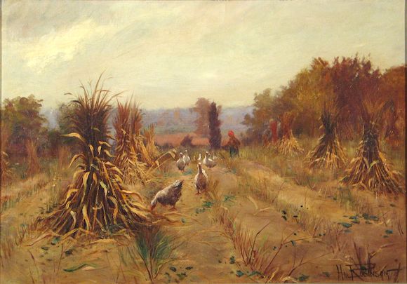 Bonhams : Hal Robinson (1875-1933) Haystacks and Geese 14 x 20in