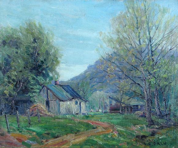 Bonhams : Elbert G. Drew (American 20th Century) A village road 14 x 17in