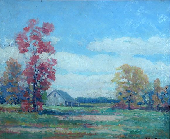 Bonhams : Paul L. Olson (20th c.) Farmhouse in Autumn 16 x 20in