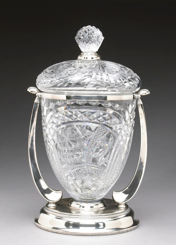 Bonhams : A German cut glass and silver plate mounted covered punch bowl