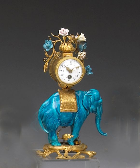 Bonhams : A Louis XV style gilt bronze and porcelain elephant clock