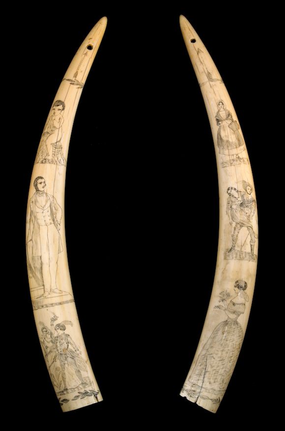 Bonhams : A pair of scrimshaw walrus tusks, second half 19th century