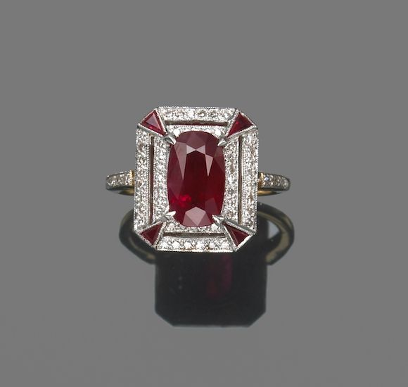 Bonhams : A ruby, diamond, and 18k bicolor gold ring