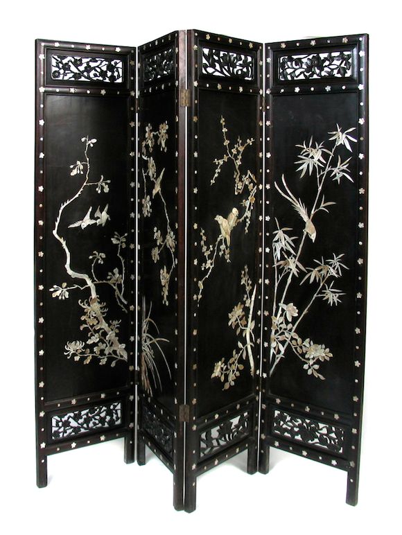 Bonhams : A Chinese mother of pearl inlaid four panel screen