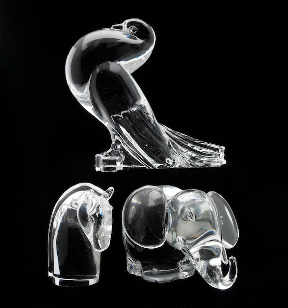 Bonhams : Three Steuben clear glass animal figures