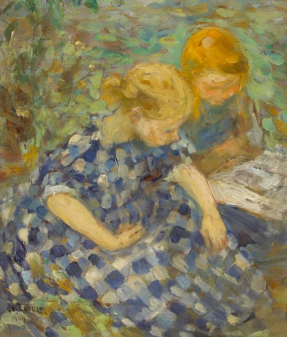 Bonhams : Joseph Raphael (1869-1950) Two Children Reading, 1909 11 1/2 ...