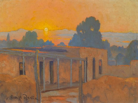 Bonhams : Carl Redin (American, 1892-1944) Sunset over an Adobe 12 x 16in