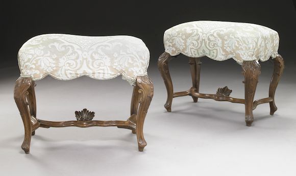 Bonhams : A pair of Italian Rococo style walnut upholstered stools