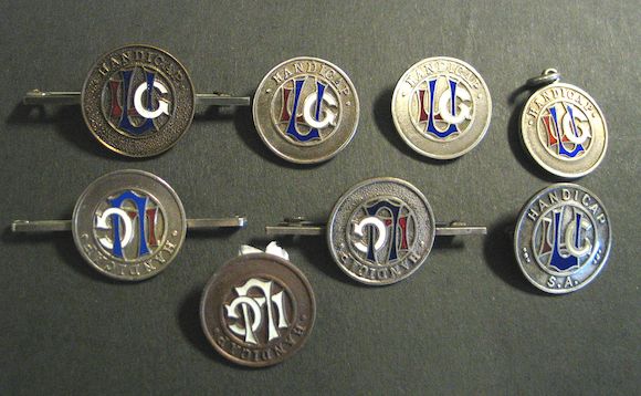 Bonhams : A collection of mainly silver LGU Handicap badges and pins,