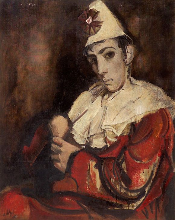 Bonhams : Alvaro Delgado (Spanish, b.1922) Pierrot en Rojo 36 1/4 x 28 ...