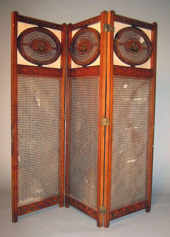 Bonhams : An Edwardian caned and painted satinwood three-fold floor screen