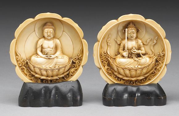 Bonhams : A carved ivory lotus-form zushi Meiji Period