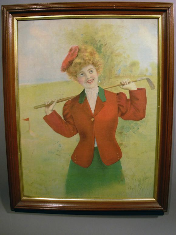Bonhams : An original colored print on canvas, circa 1905, titled 'Golf Girl', the scene depicts ...