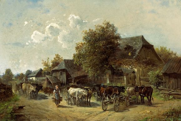 Bonhams : Ignaz Ellminger (Austrian, 1843-1894) Oxen carts in front of ...