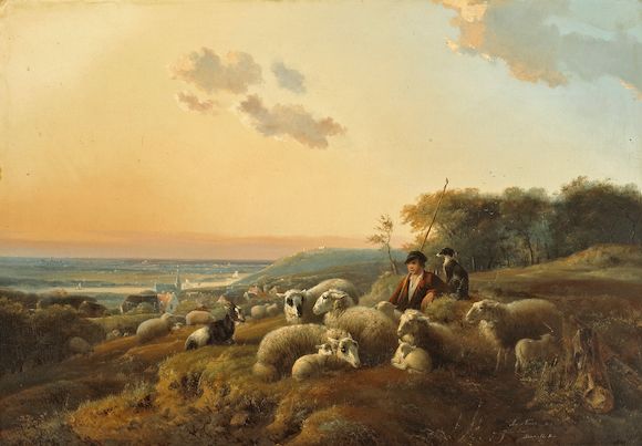 Bonhams : Augustus Knip (Dutch, b.1819) A shepherd with his flock in an ...
