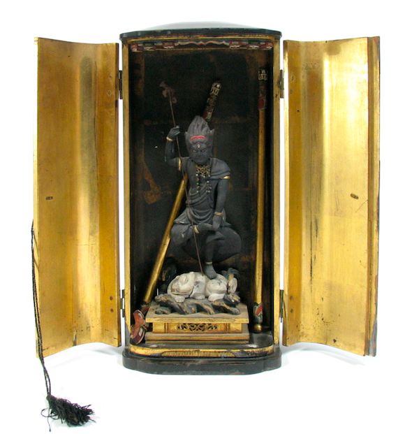 Bonhams : A Japanese traveling wood deity with lacquer fitted box with ...