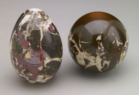 Bonhams : Cinnabar in Matrix Egg and Sphere Carving