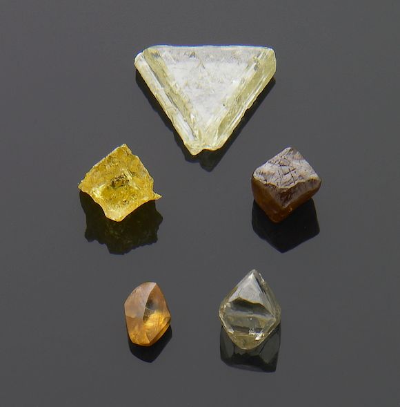 Bonhams : Group of Five Natural Color Rough Diamond Crystals