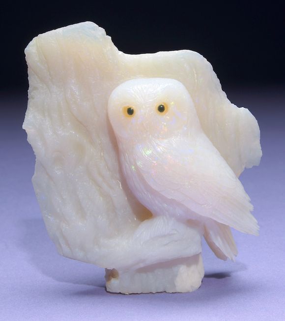 Bonhams : White Opal Owl Carving