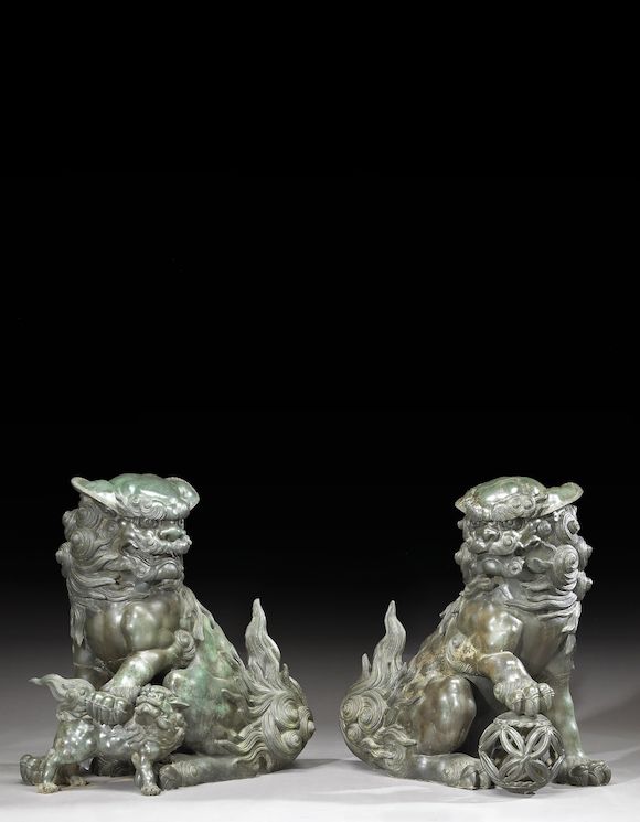 Bonhams : A pair of massive cast bronze karashishi Meiji/Taisho Period