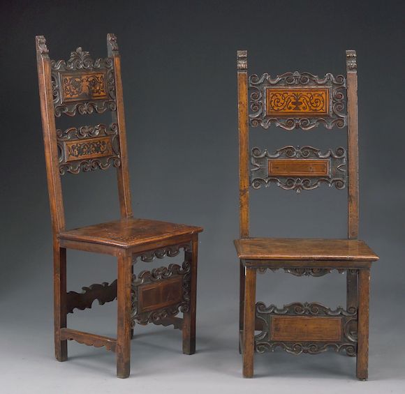 Bonhams : Two similar Italian Baroque marquetry and walnut chairs