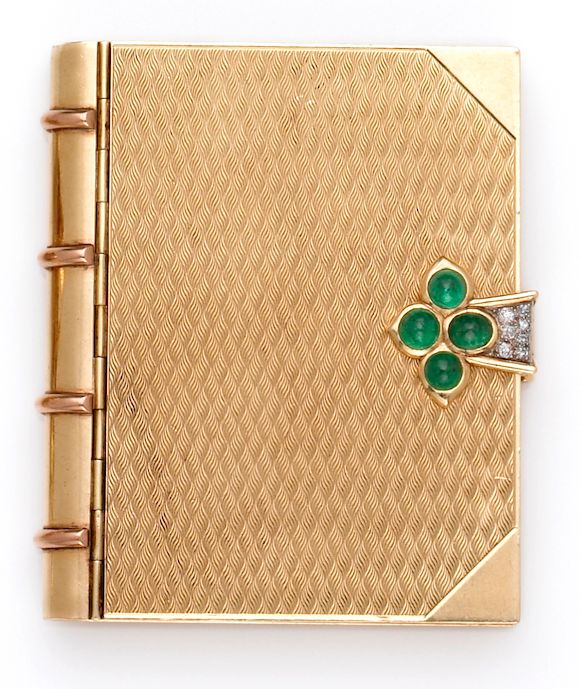 Bonhams : An emerald, diamond and fourteen karat gold compact, Cartier