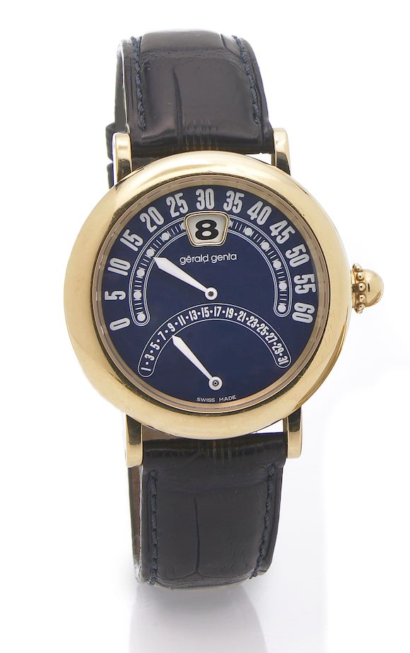 Bonhams : Gerald Genta. An 18k gold self-winding bi-retrograde jump hour wristwatchRetro, Ref ...