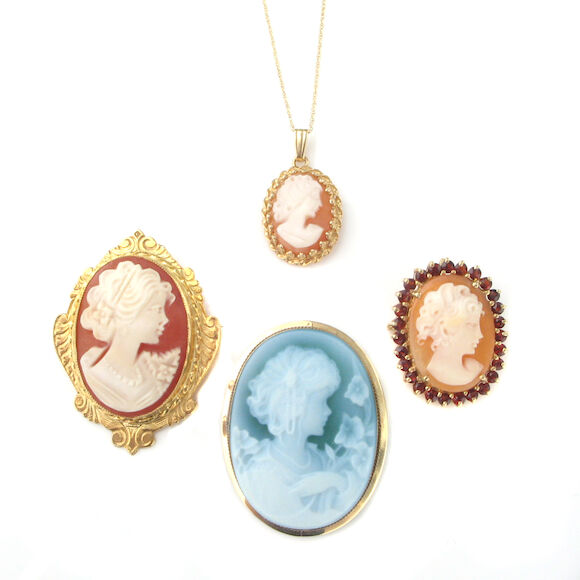 Bonhams : A collection of hardstone, shell, ruby and gold cameo jewelry