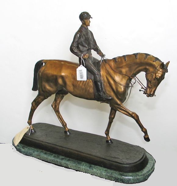 Bonhams : A patinated bronze equestrian group of a jockey on horseback ...