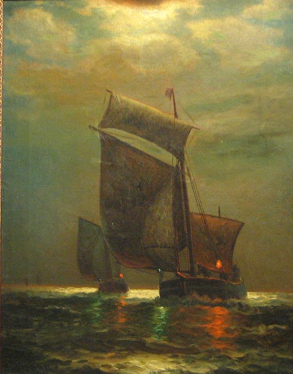 Bonhams : James Gale Tyler (American, 1855-1931) Ships in the moonlight ...