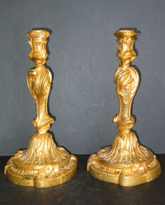 Bonhams : A pair of Louis XV style gilt bronze candlesticks