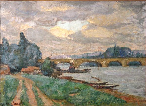 Bonhams : Jean Perrot A river scene with boats along the shore and a ...