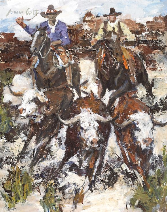 Bonhams : James Colt (1922-2005) Herding Steers 20 x 16in