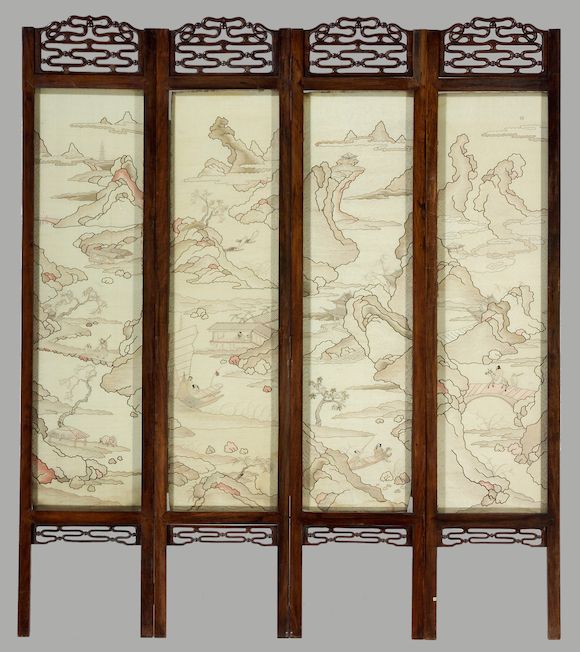Bonhams : A four-panel wood floor screen inset with silk kesi-woven panels