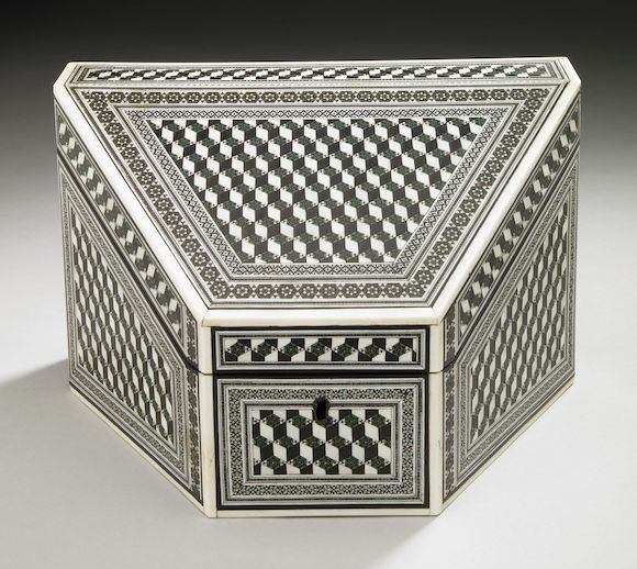 Bonhams : An Anglo Indian ivory and ebony inlaid sadeliwork stationary box