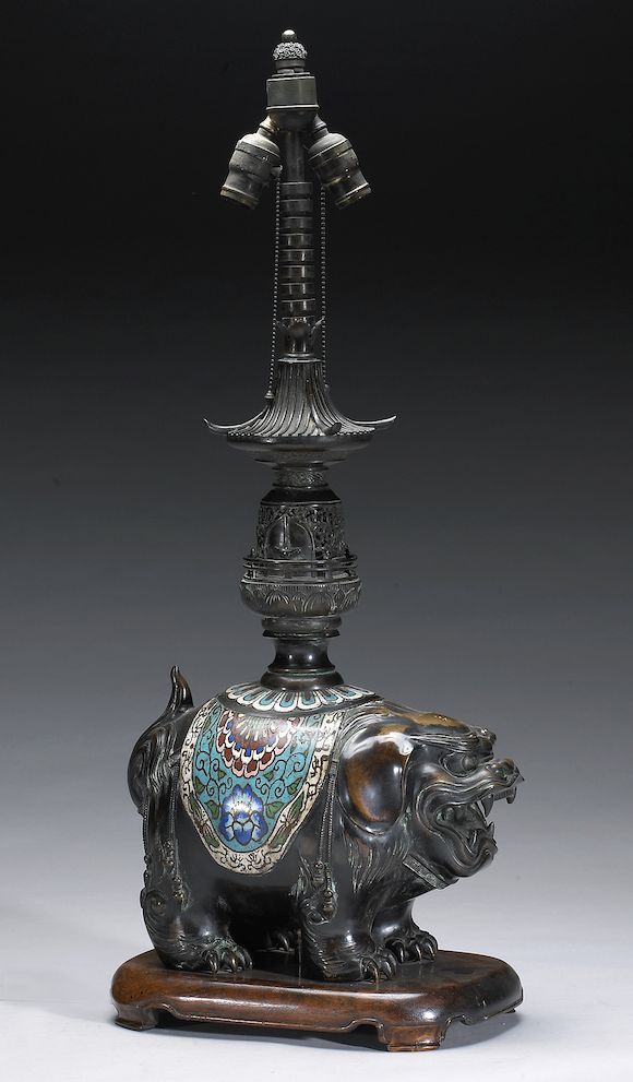Bonhams : A large champlevé enameled metal figure of a karashishi Meiji ...