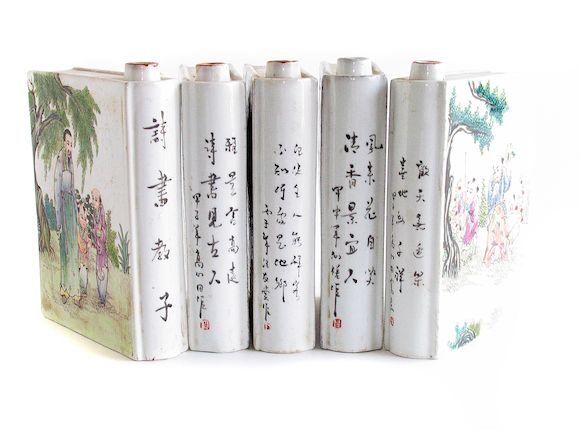Bonhams : A group of five Chinese porcelain book shaped bottles